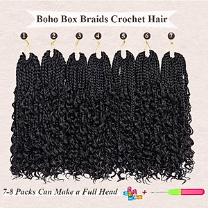 Goddess Box Braids Crochet Hair 10 Inch Bohemian Box Braids Crochet Hair with Curly Ends Boho 3X Synthetic Crochet Braiding Hair for Women (7 pack, 1b#)