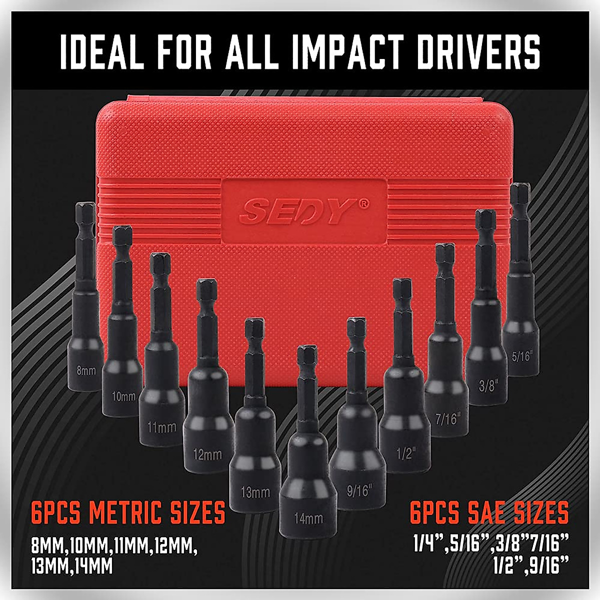 12-Piece Magnetic Nut Driver Set - Premium Impact Power Hex Nut Driver Drill Bit Master Kit, SAE & Metric, 1/4-Inch Quick-Change