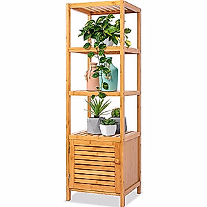 SereneLife 5-Tier Bamboo Bathroom Storage, Corner Slim Rack Cabinet Organizer Unit, 13.38 x 43.3 inch Bathroom Shelf, Towel Stand, Bookshelf, Freestanding Furniture with Shelves Indoor&Outdoor use