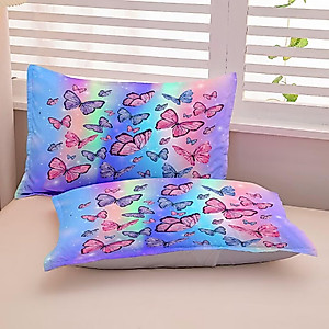 GRAT TIOC Girls Rainbow Butterfly Comforter Set Twin Size,Teen Girls Butterfly Bedding Set,Glitter Butterfly Bed Set Soft Lightweight Microfiber Bedroom Decorations with 2 Pillowcases