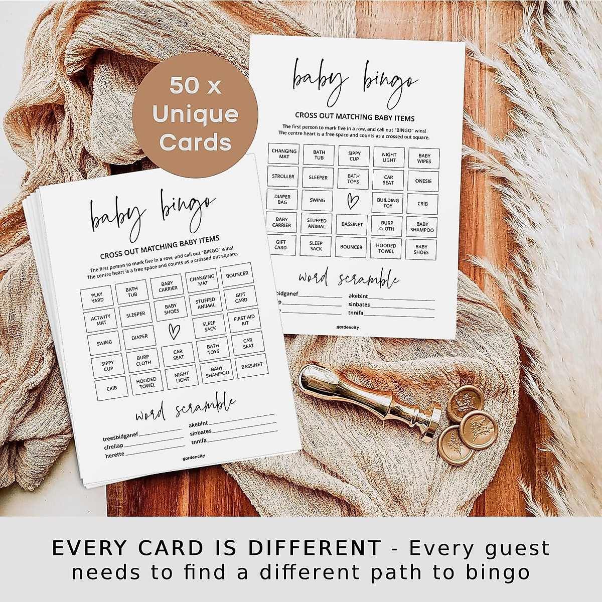 Baby Shower Bingo Game (50 Unique Cards), Pre-Filled, Baby Shower Games, Added Word Scramble (Minimalist)