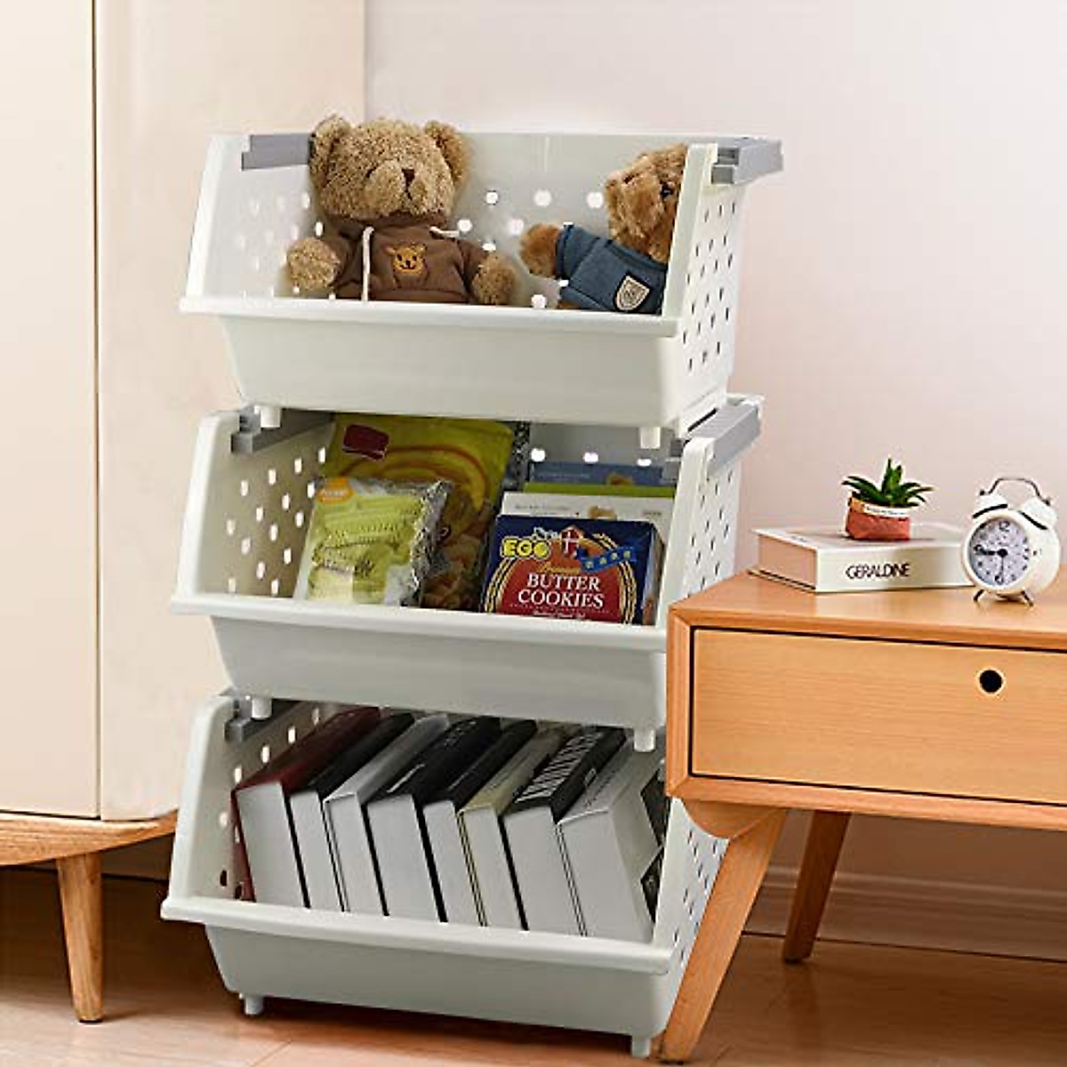 Dehouse 3-Pack Plastic Stacking Storage Organizer Basket, Stackable Basket, White