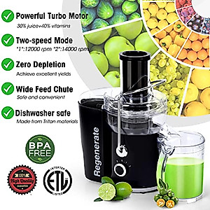 600W 3 Speeds Juicer Machines Vegetable and Fruit, Regenerate Centrifugal Juice Extractor with Big Mouth 3” Feed Chute, Easy to Clean, BPA-Free Compact Centrifugal Juice Maker, Black