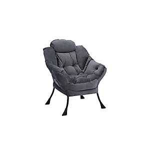 Lazy Chair with Ottoman, Modern Accent Lounge Chair with Folding Footrest and Headrest, Upholstered Leisure Sofa Armchair Reading Chair with Side Pocket for Living Room, Bedroom, Office, Dark Gray