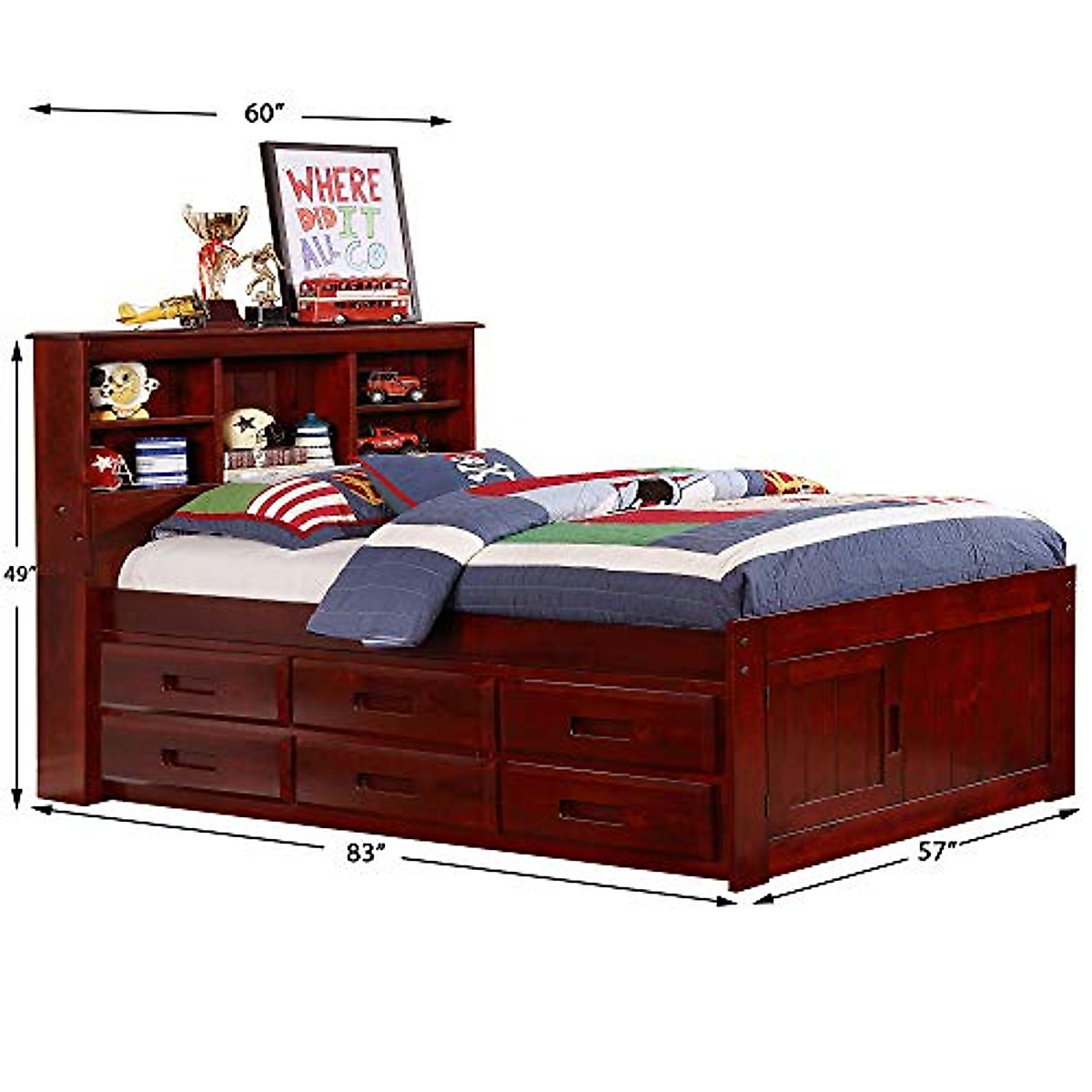 Discovery World Furniture Bookcase Captains Bed with 6 Drawers, Full, Merlot