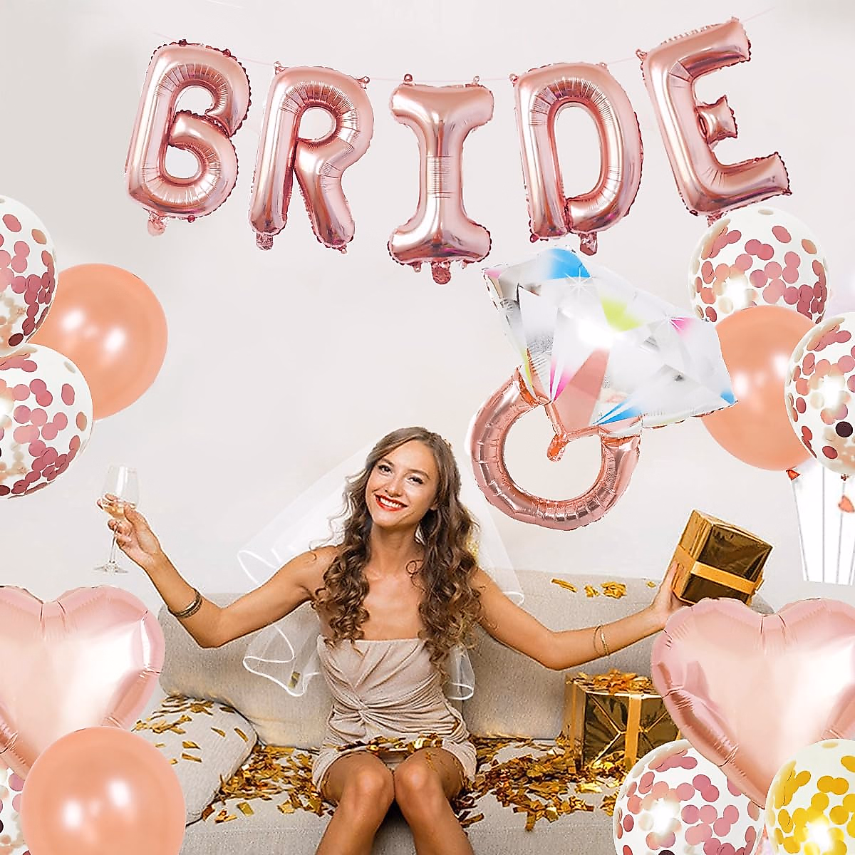 EFAILY Bachelorette Party Decorations - Rose Gold Bridal Shower Party Decor and Supplies Kit Bride To Be Sash, Veil, Temporary Tattoos, Confetti Balloons Pack Fringe Curtain.