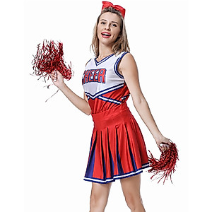 GRAJTCIN Women's Cheerleader Costume Halloween 3-Pieces High School Girl Cheerleading Outfit with Pom Pom(Medium, Red)