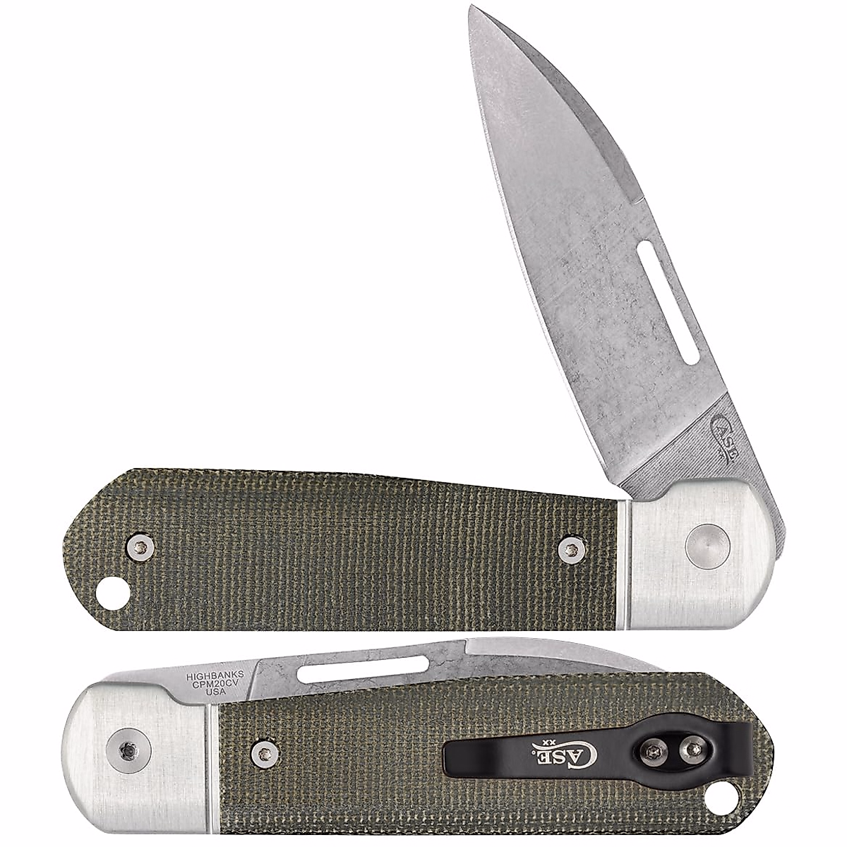Case XX WR Pocket Knife, HIGHBANKS - SMOOTH OD GREEN CANVAS MICARTA ItemNumber 42231 - (HIGHBANKS CPM20CV) Length Closed: 4 Inches
