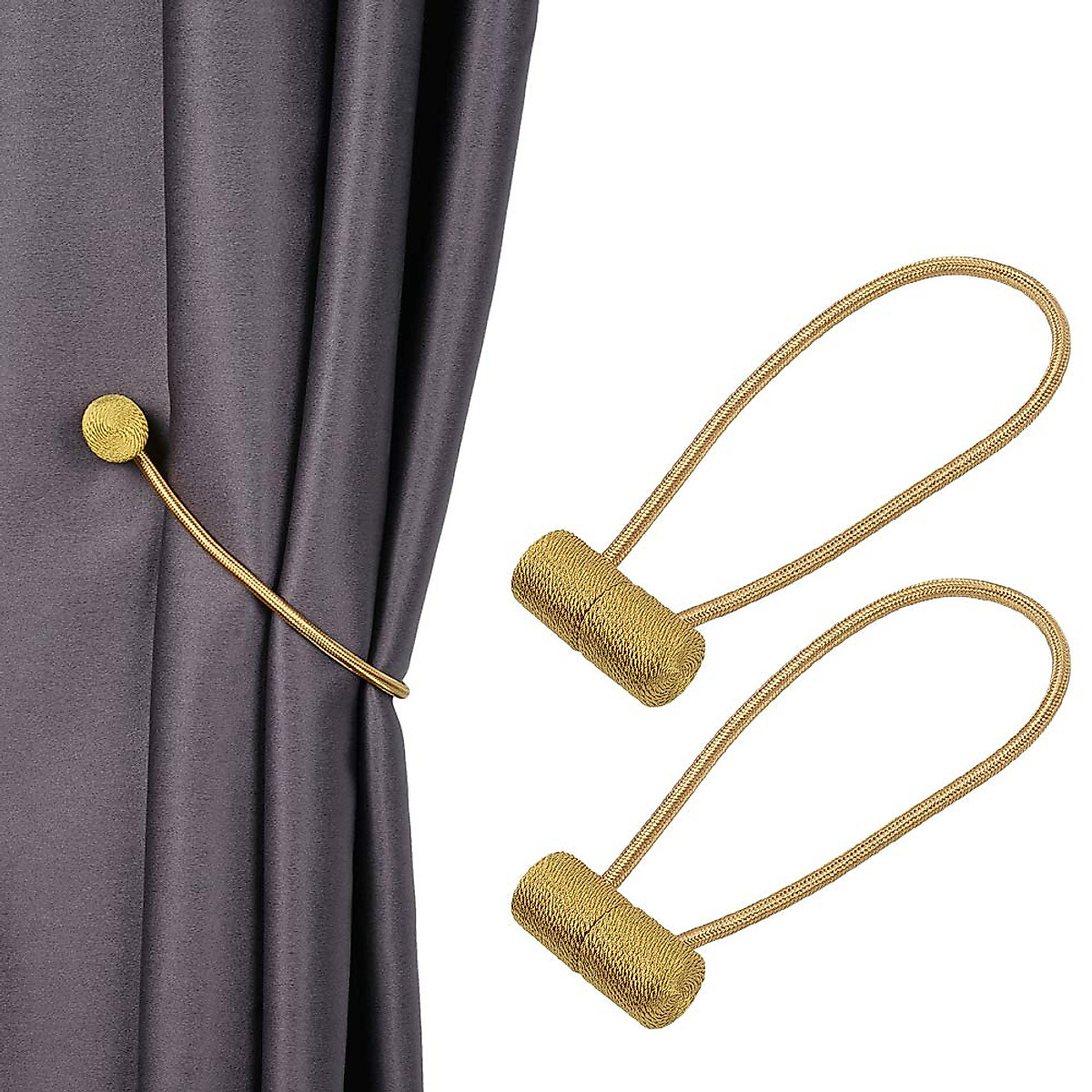 Magnetic Curtain Tiebacks, Strong Magnetic Window Curtain Tiebacks Clips Decorative Rope Holdbacks Drapery Curtain Tie Backs Weave Holder for Window Draperies Hold Curtains Drape Ties Backs (2, Gold)