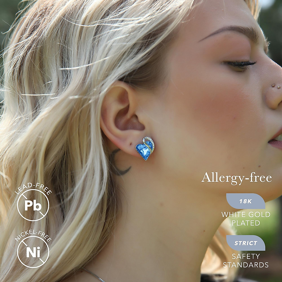 Leafael Infinity Love Heart Stud Earrings for Women, Silver Tone Fashion Statement Jewelry, Birthday Gifts for Mom Wife Her, March & December Birthstone Crystal, Light Sapphire Blue