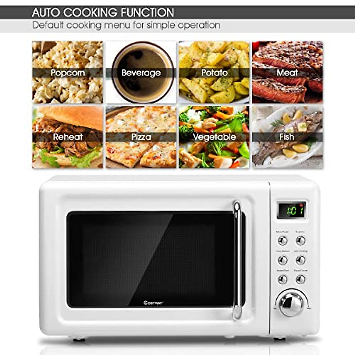 Retro Countertop Microwave Oven, Large 0.7Cu.ft, 700-Watt, Cold Rolled Steel Countertop with Time Setting, Glass Turntable Plate, Pre-Programmed Cooking Settings, LED Display, Child Lock (White)