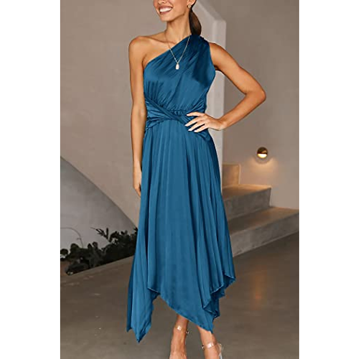 PRETTYGARDEN Women's Summer Long Satin Dress One Shoulder Sleeveless Ruched Twist Flowy Maxi Dresses (Lake Blue,Small)