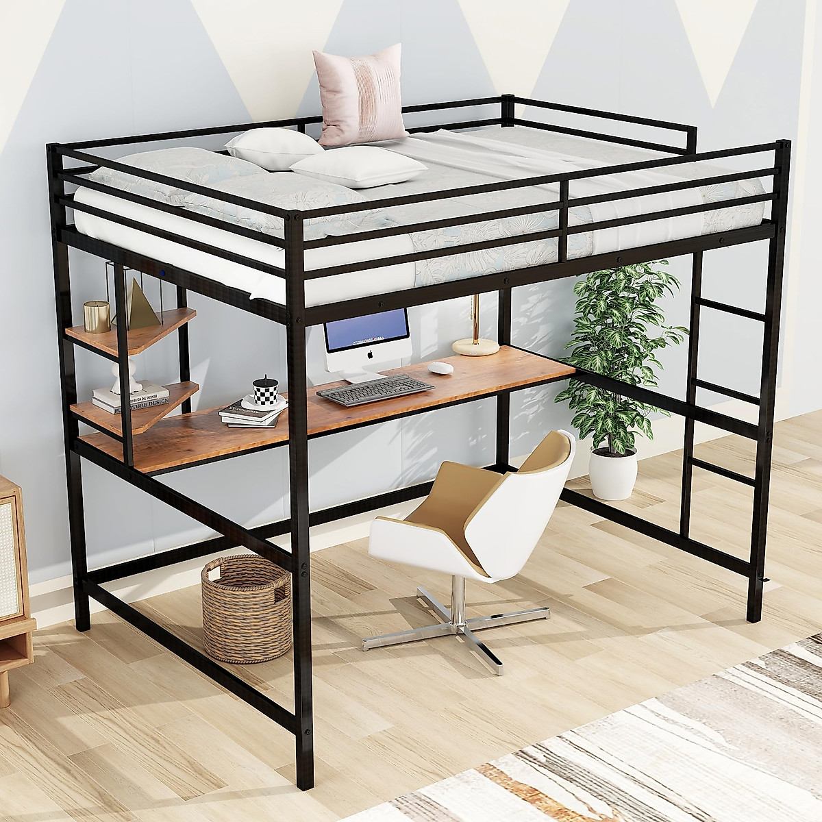 Full Size Loft Bed with Desk and Storage Shelves,Heavy-Duty Loft Bed Full for Kids,Metal Loft Bed Frame with Safety Guardrail,Space-Saving(Full,Black)