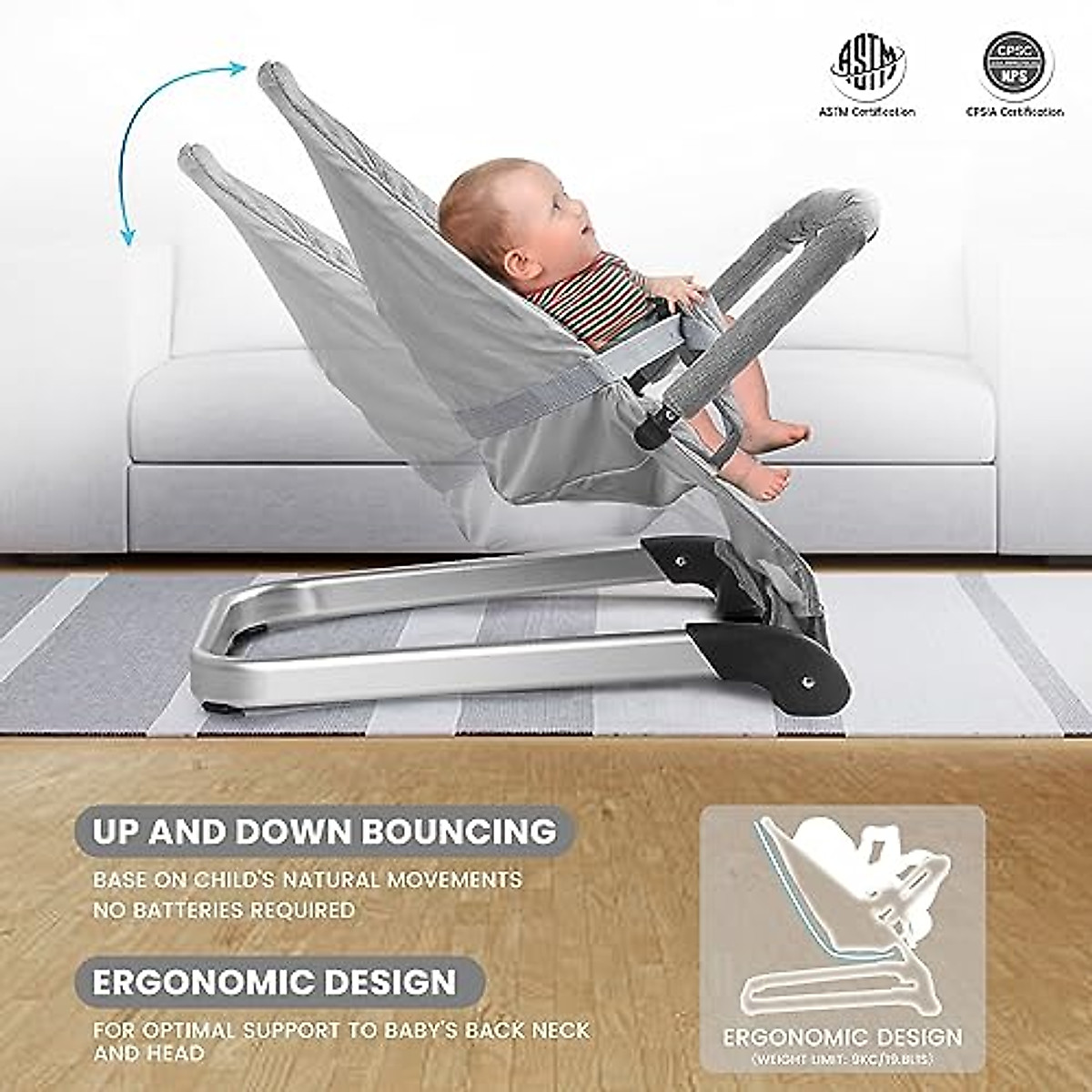 Baby Bouncer,Foldable Bouncer Seat for Babies, Infants Bouncy Seat with Removable Fabric Cover，Natural Vibrations (GRYE)