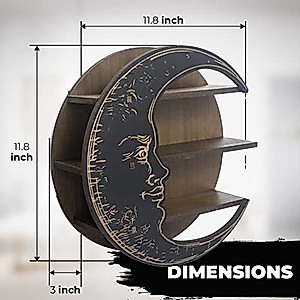 CEFRECO Black Crescent Moon Shelf - Rustic Wooden Crystal Holder for Healing Stones and Essential Oils - Wall-Mounted Crystal Shelf Display for Wall Decor - Witchy Gifts for Women