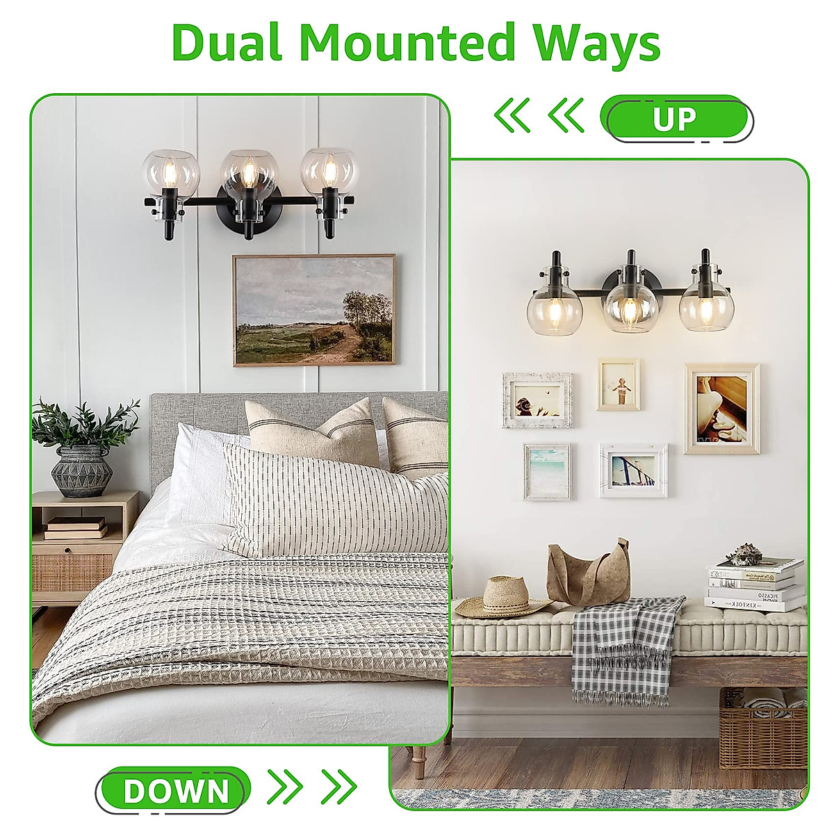 FOLKSMATE Bathroom Vanity Light Fixtures, Modern 3 Lights Wall Sconce Lighting Matte Black, Wall Lamp Wall Mount Light Fixture with Globe Glass Shade