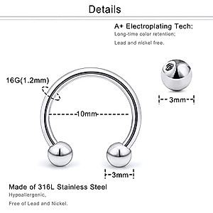 Dyknasz 12Pcs Septum Rings 16g Septum Jewelry Surgical Steel Septum Ring Septum Piercing Horseshoe Barbell Lip Rings Hoops for Women Men 16Pcs Extra Replacement Balls