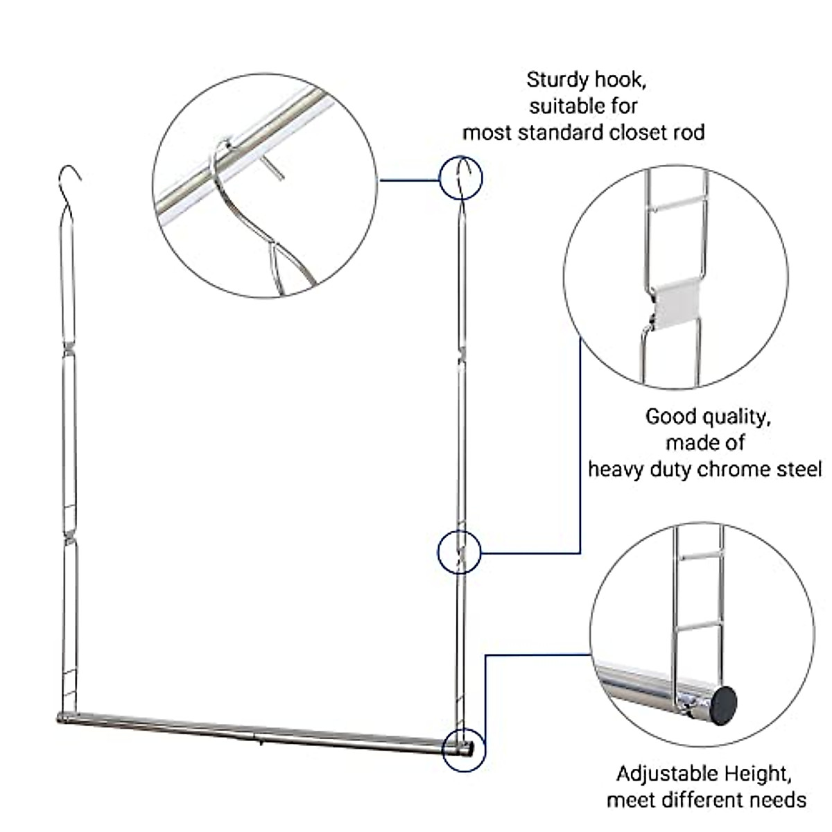 STORAGE MANIAC Hanging Closet Rod, Adjustable Width and Height Closet Hanging Organizer, Space-Saving Clothes Hanging Bar, Closet Extender Hanging Rod Double Closet Hanging Rod, 1 Pack Chrome