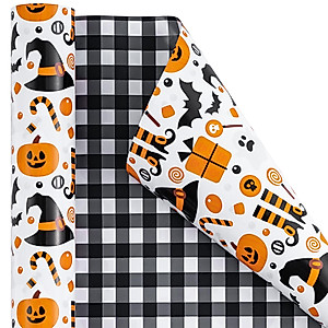 LeZakaa Reversible Halloween Wrapping Paper - Pumpkin, Witch Hat & Black and White Plaid Design for Halloween, Nightmare before Christmas Holiday, Party - 17 inches x 32.8 Feet (46.45 sq.ft.)