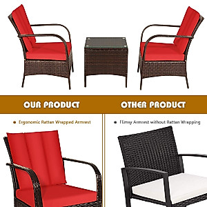 HAPPYGRILL 3-Piece Patio Conversation Set Outdoor Rattan Wicker Furniture Set with Coffee Table, PE Wicker Sofa Set with Soft Cushion & Back Pillow for Patio Garden Poolside