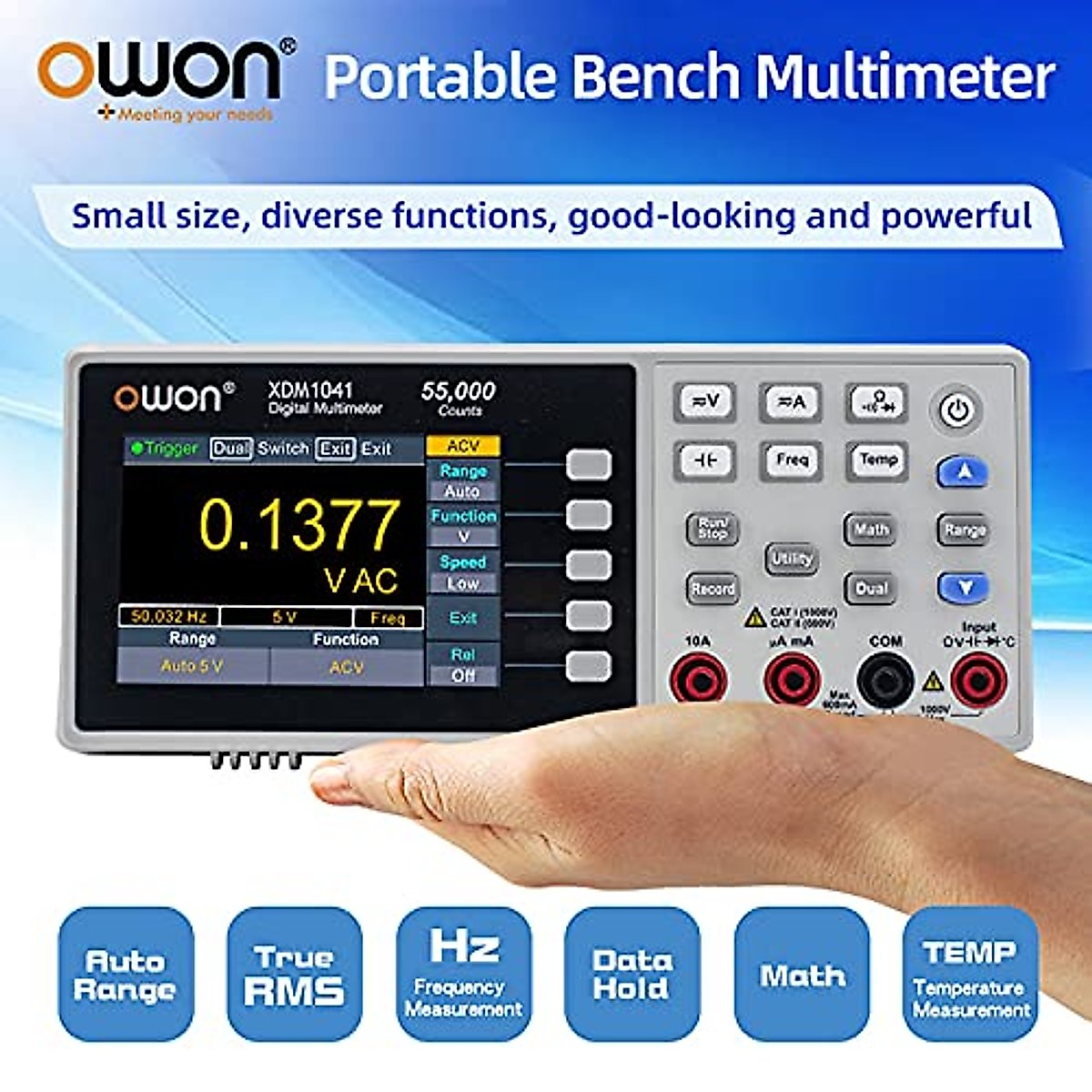 OWON XDM1041 Mini Desktop Digital Multimeter, 3.7in LCD Mini Digital Multimeter True RMS Temperature Tester Meter