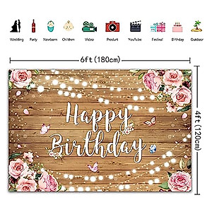 Pink Birthday Party Decorations,Butterfly Rustic Wood Flowers Happy Birthday Backdrop Banner Hot Pink Balloon Arch Garland Kit for Women Girl Birthday Party Supplies