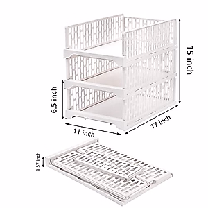 AVLA 3 Pack Stackable Plastic Storage Basket, Foldable Closet Organizers Wardrobe Storage Bins, Storage Container for Cupboard, Bedroom, Bathroom, Kitchen, Office, 17 x 11 x 6.5 Inches