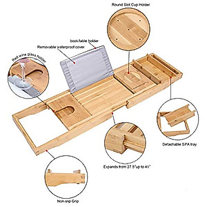 BOSSJOY Luxury Wood Bamboo Bathtub Bath Tub Caddy Tray with Extending Sides Built in Book Tablet Phone Wineglass Holder