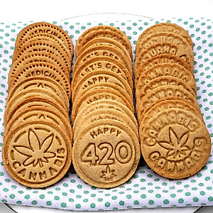 PJ BOLD Marijuana Silicone Cookie Stamps, Stainless Steel Cookie Cutter, Wood Handle, Party Novelty Gift, 6 Stamp Set