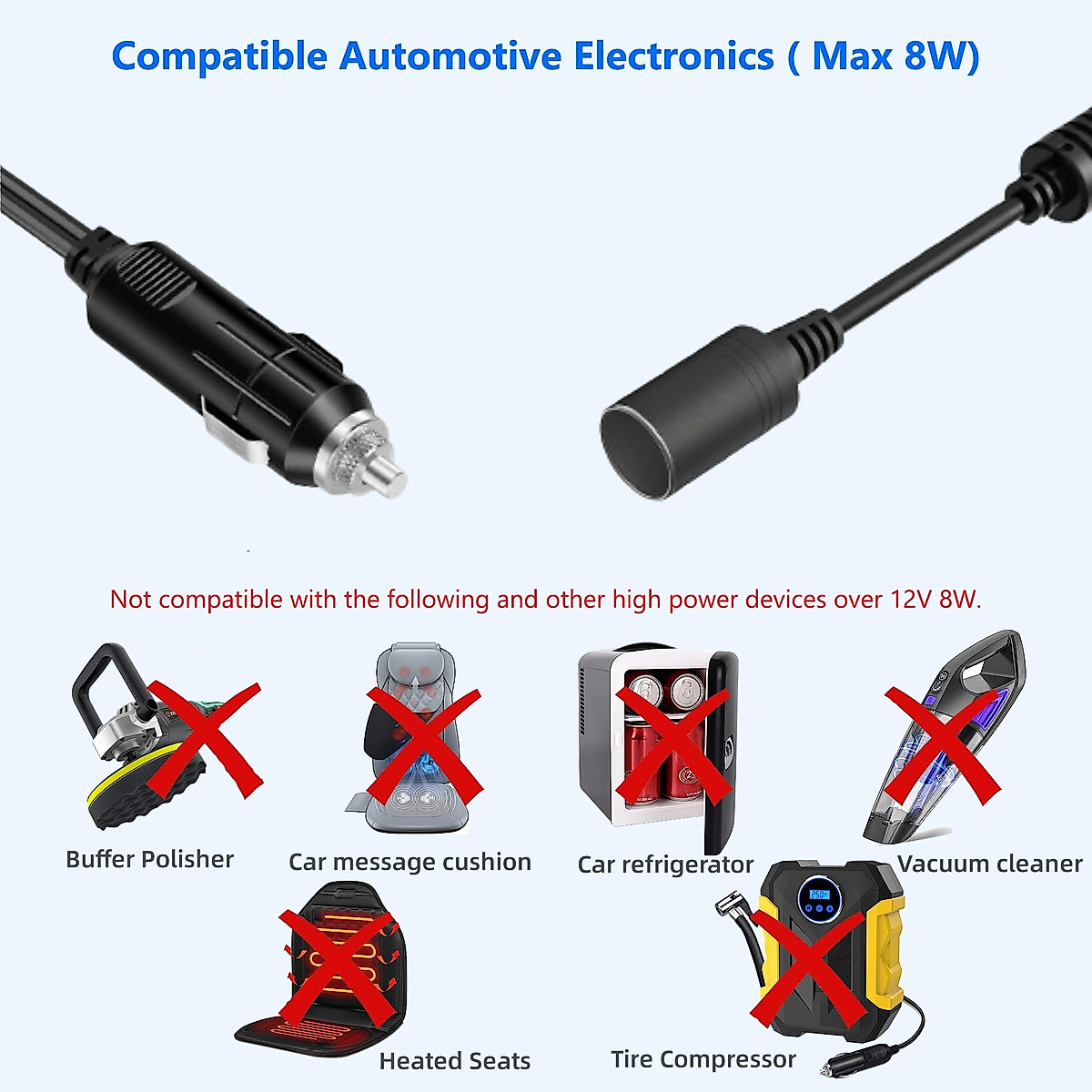 BXIZXD 2-Pack USB A Male to 12V Car Cigarette Lighter Socket Female Converter Cable, Suit for Driving Recorder, Dash Cam and Other Automotive Electronics (8W Max) - 1.2ft