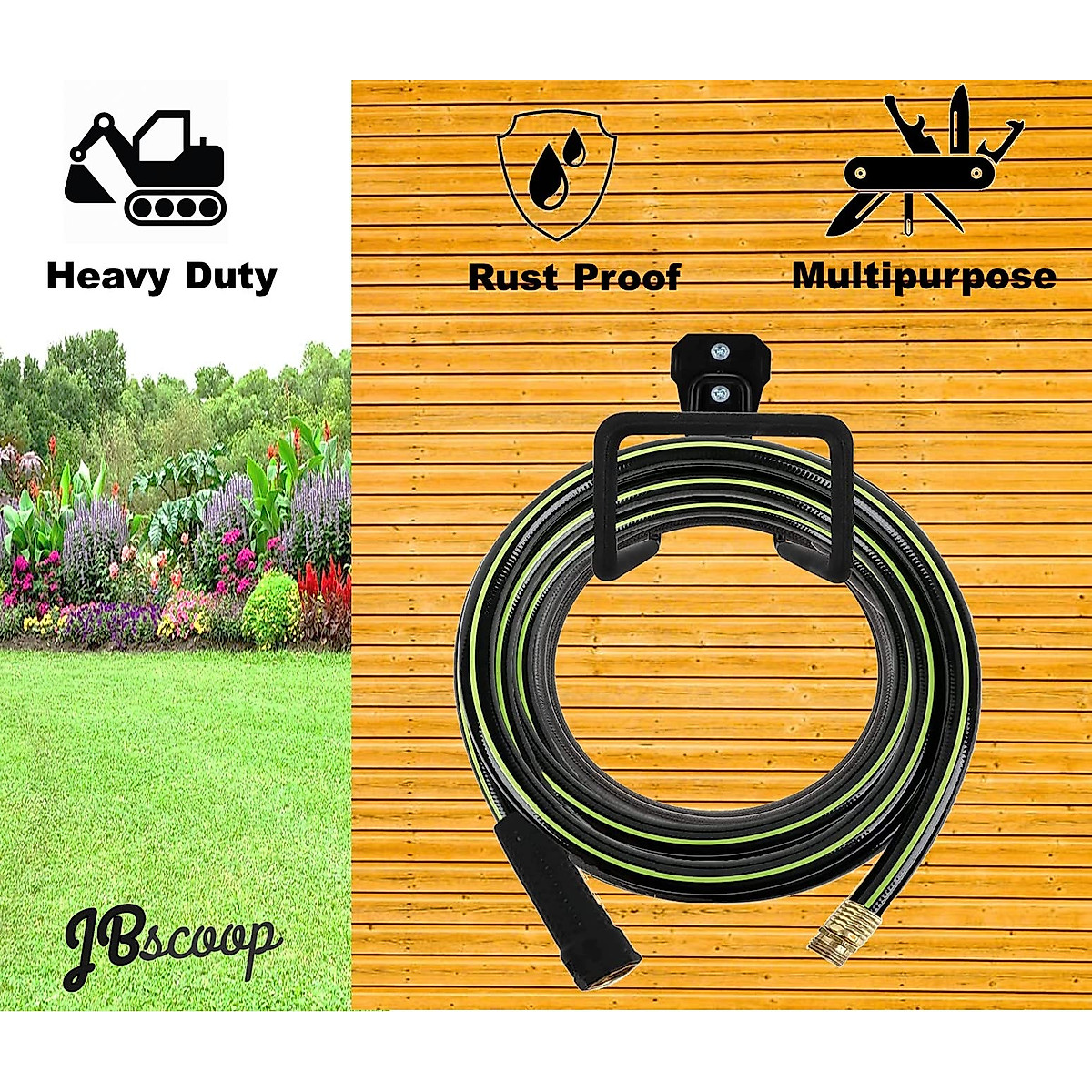 JBscoop Garden Hose Holder - Heavy Duty Hose Hanger, Wall Mounted Water Hose Holder for Outdoor/Indoor Use in Yard, Metal Durable Hose Hooks, Ideal for Water Hose Storage