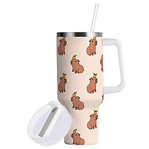 Bseiialft 40 oz Tumbler with Handle Cute Capybara Citrus Fruits Water Bottle with Lid and Straw Vacuum Insulated Cup Stainless Steel Travel Coffee Mug for Home Office Car