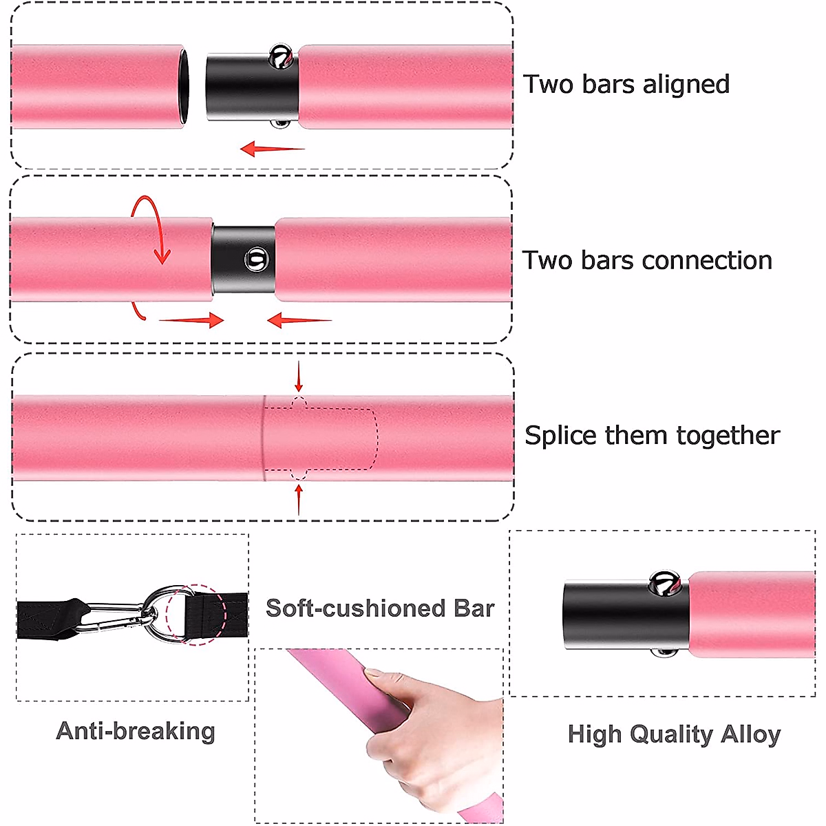 Bbtops Pilates Bar Kit with Resistance Bands(4 x Bands),3-Section Pilates Bar with Stackable Bands Workout Equipment for Legs,Hip,Waist and Arm (Pink30lbs,40lbs)