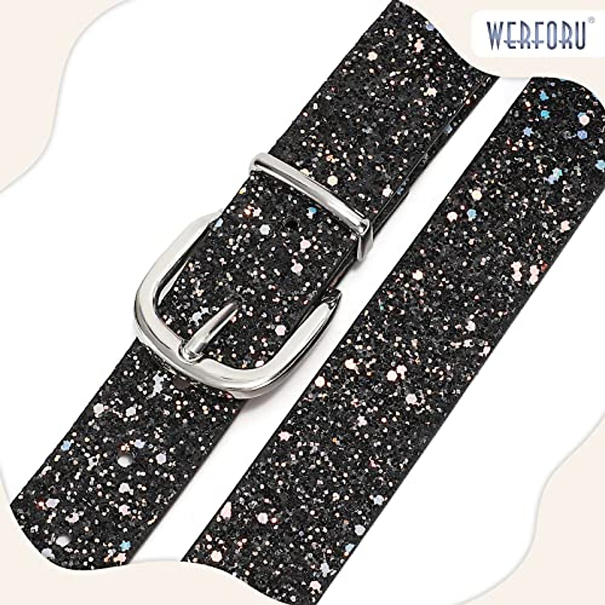 WERFORU Women Shiny Bling Sequins PU Leather Waist Belt for Jeans Dress with Silver Pin Buckle, Black, Fit Waist Size 43-47 Inches-
