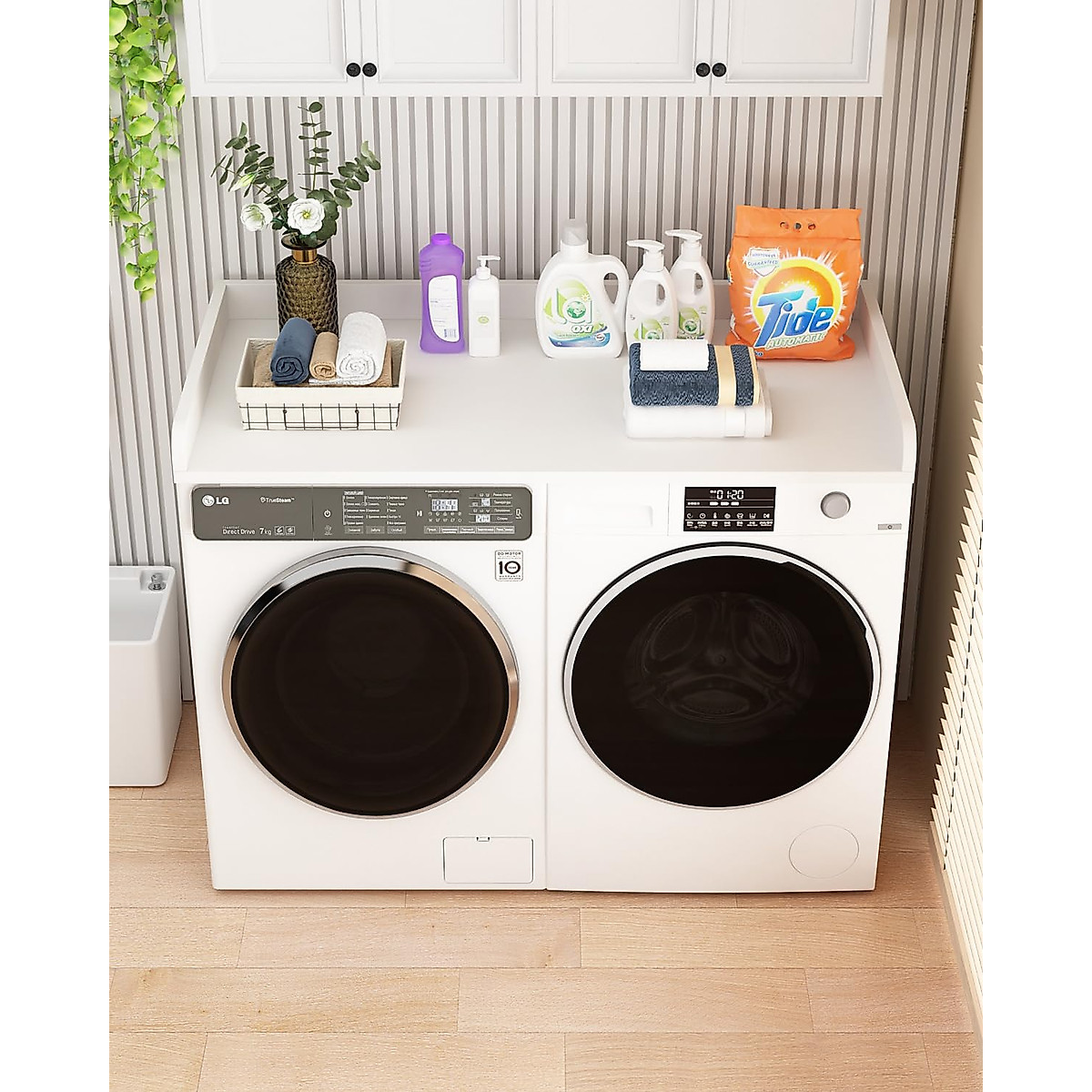 RRWJVU Washer Dryer Countertop,27.5" x 54" Solid Wood Countertop with Anti- Slip Pad for Laundry Room Organization. White