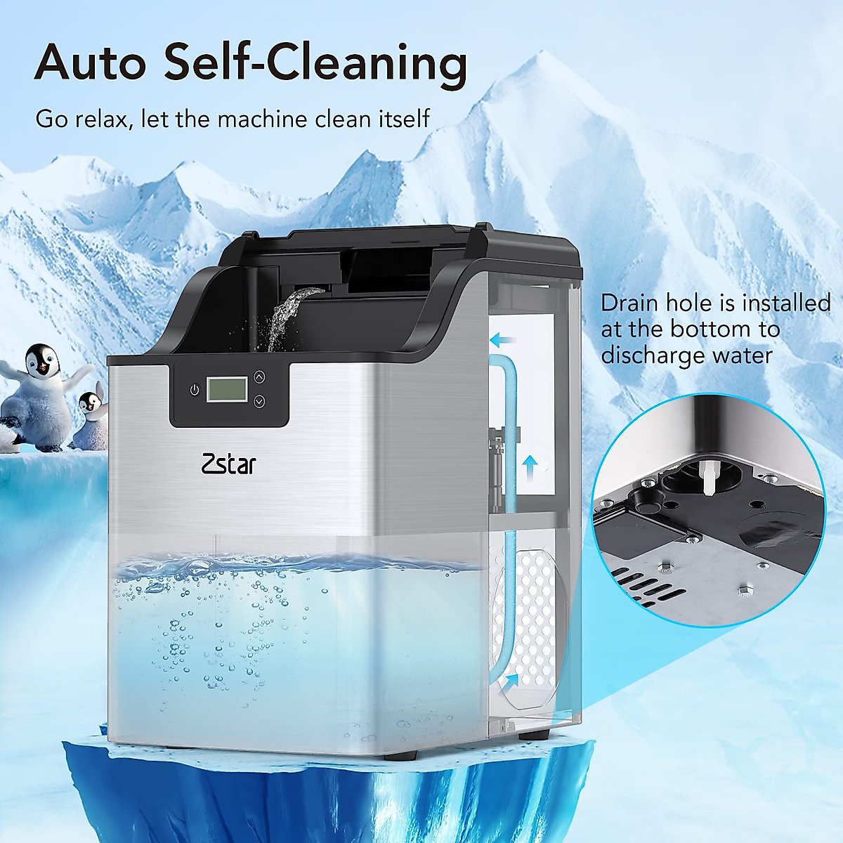 Zstar Nugget Ice Maker, Stainless Steel Countertop Ice Machine with 44Lbs/24H Output, Crunchy Sonic Ice Maker Machine, Self-Cleaning Portable Ice Maker with Freestanding Ice Scoop for Home,Office,Bar