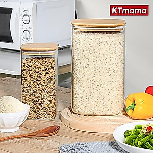 KTMAMA 1 Gallon Glass Jar with Bamboo Lid, Glass Food Storage Containers, 138 oz Cereal containers, Large Square Glass Jars with Bamboo Lids for Rice, Pasta, Oats, Grains, Cookies, Coffee Beans