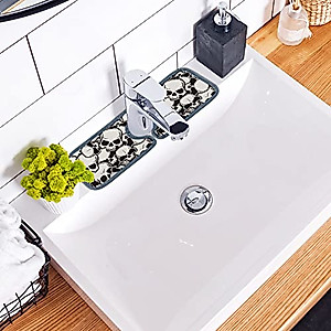 Kitchen Faucet Mats 2 Pieces Black White Skulls Faucet Sink Splash Guard Bathroom Counter and RV,Absorbent Faucet Counter Sink Water Stains Preventer