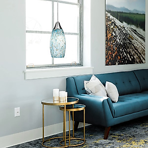 DEWENWILS EDISHINE Plug in Pendant Light, Hanging Light with15FT Adjustable Cord, On/Off Switch, Handcrafted Art Glass Shade, Hanging Light Fixture for Kitchen, Bathroom, Entryway, Light Blue