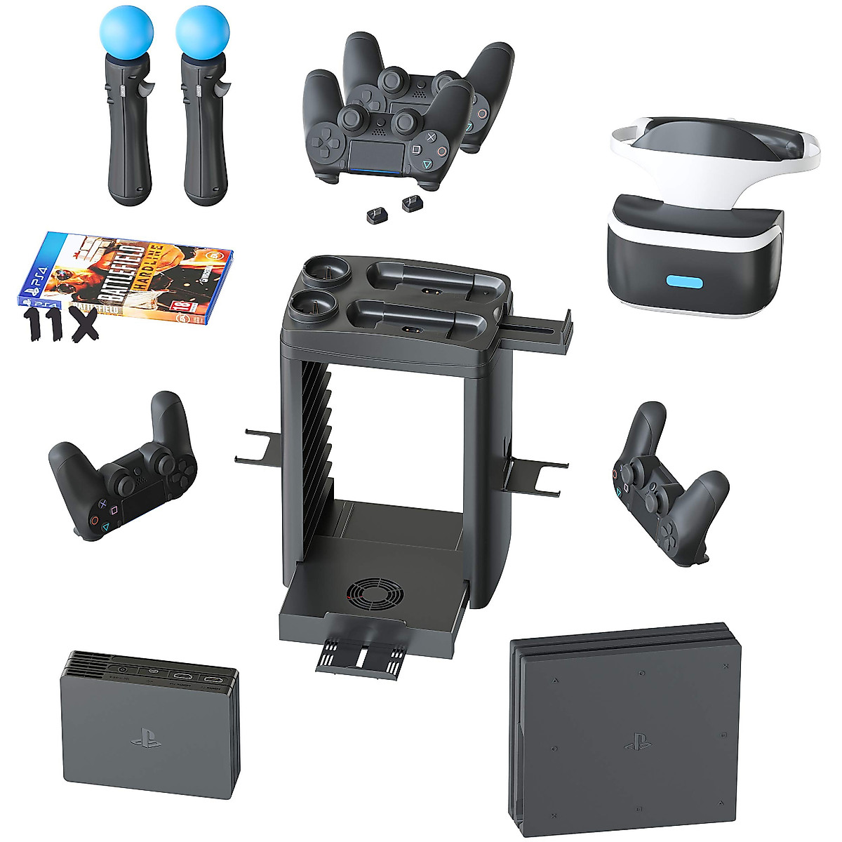 Skywin- Charging Station Compatible with PS4 VR Headset, PSVR Charging Station Stand with Game Disc Rack, Headset and Console Stand, Cooling Fan, Controller Charger and USB Hub - Multipurpose VR Stand