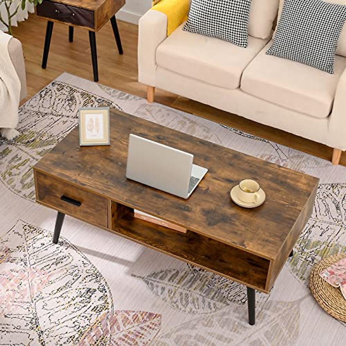 Iwell Mid Century Coffee Table with Drawer and Storage Shelf for Living Room, Wood Cocktail Table, Accent TV Table for Reception Room/Office, Easy to Assemble, Rustic Brown