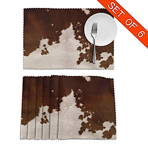Red Brown Cowhide Placemats Set of 6, Rectangular Washable Placemats for Dining Table, Farmhouse Non-Slip Heat-Resistant Woven Table Mats Wipeable Thick Place Mats for Kitchen Party 12x18 Inch