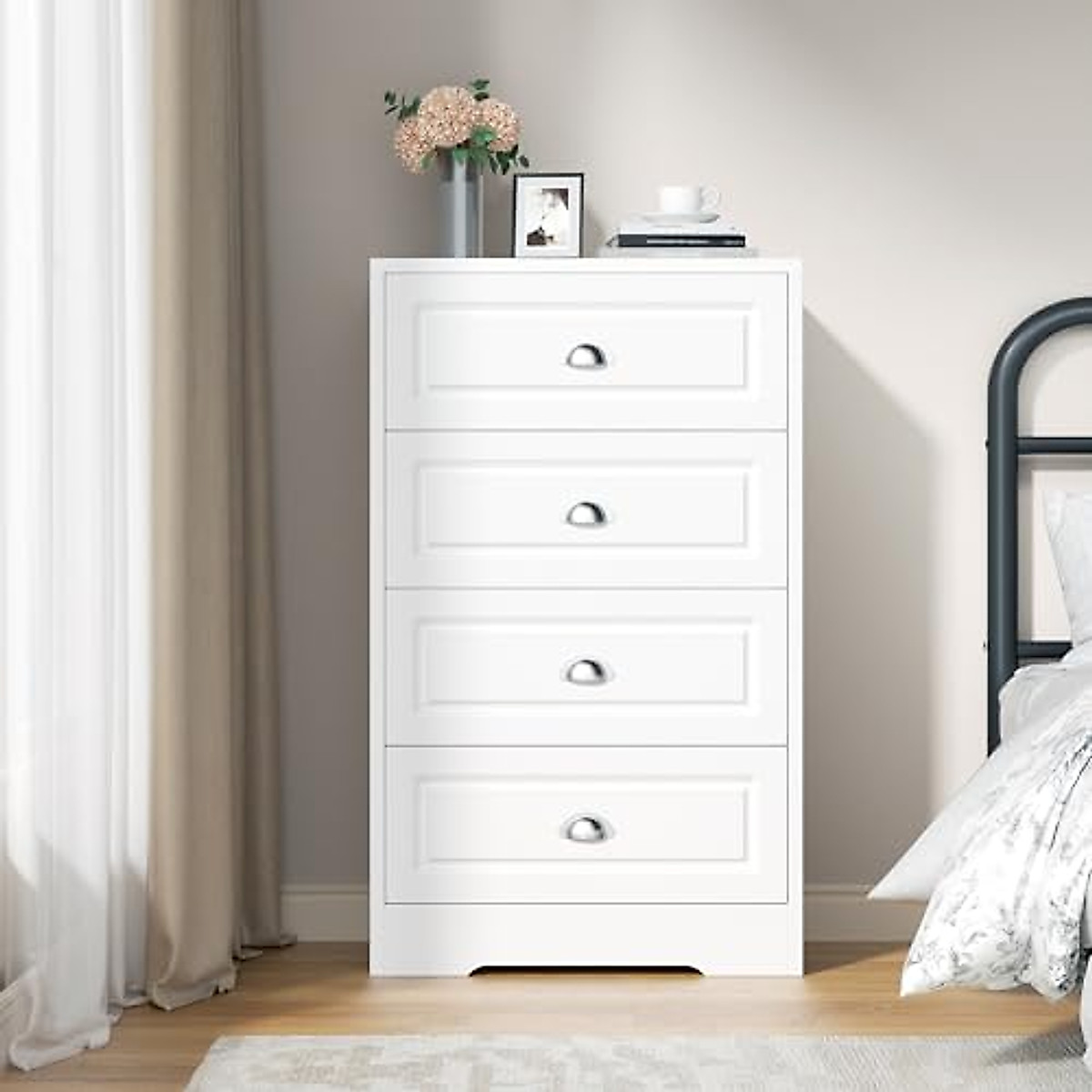 Shintenchi White Tall Dresser for Bedroom, 4 Drawer Narrow Nightstand, Chest of Drawers Vertical Wooden Dresser with Metal Handle, Living Room Storage Organizer, White and Silver