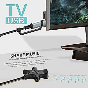 HIEbee USB A/C to Headphone Splitter, 5-Jack 3.5 mm Audio Headphone Splitter Stereo Audio Headset Adapter, Audio Earbuds Earphones Plug 5 Way 1 Male to 4 Female Splitter with 3.5mm Stereo Cable