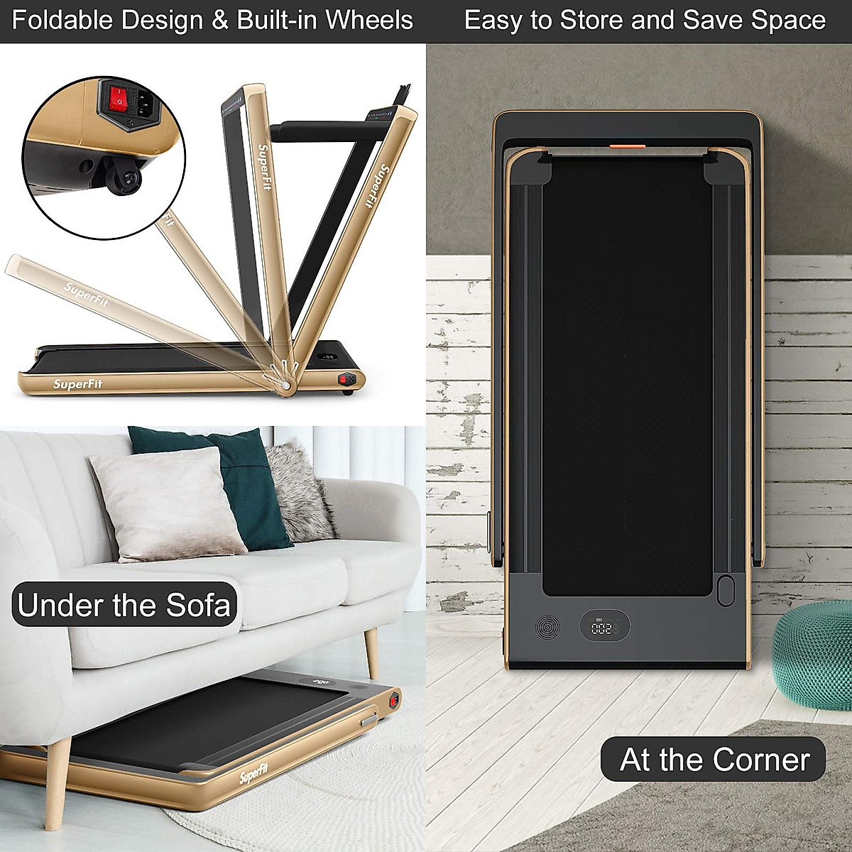 SPORFIT 2 in 1 Folding Treadmill, Portable Walking Pad Superfit Treadmill Under Desk w/Dual Digital Display, Bluetooth Speaker & Remote Control, Electric Walking Jogging Machine for Home/Office Use