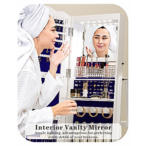 Full-Length Standing Mirror Jewelry Cabinet with Lights, Storage, and Rotating Shelf - White