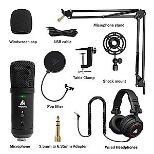 MAONO USB Podcast Microphone with Headphone Set, Zero-Latency Monitoring Computer Condenser PC Mic 192KHZ/24Bit with Mute Button for Recording, Voice Over, Streaming（AU-PM401H）