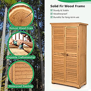 GOFLAME 63” Outdoor Storage Cabinet, Wooden Garden Storage Shed with 3 Removable Shelves, Waterproof Asphalt Roof, Adjustable Footpads, Latch, Outdoor Tall Vertical Tool Shed for Garden Porch Deck