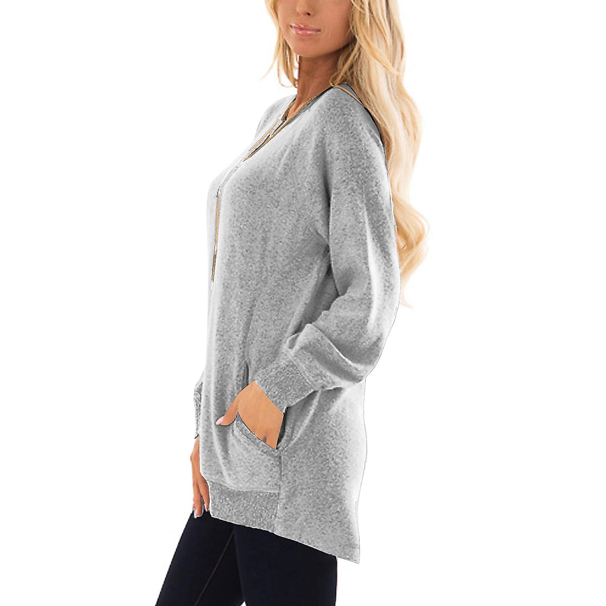 GADEWAKE Womens Casual Color Block Long Sleeve Round Neck Pocket T Shirts Blouses Sweatshirts Tops Gray