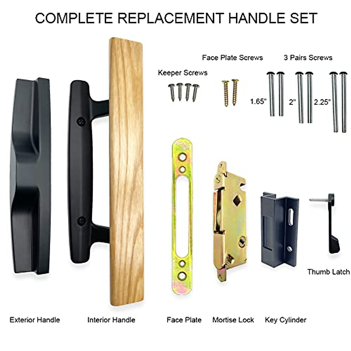 ALLYWASAI Sliding Patio Door Handle Set with Mortise Lock, Face Plate and Keeper, Wood Handle Lock Set Fits Door Thickness from 1-1/2" to 1-3/4", 3-15/16" Screw Hole Spacing, Non-keyed, Black